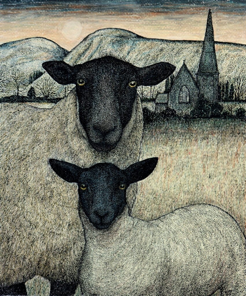 Original pen, ink and coloured pencil ‘Winter Lamb’ - Old Chapel Gallery